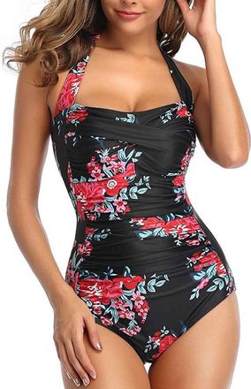 Generic Einteiliger Badeanzug Damen Neckholder Badeanzug Damen Bauchweg Bikini Damen Push Up Gepolstert Vintage Einfarbig/Drucken Plissee Einteilige Bademode 