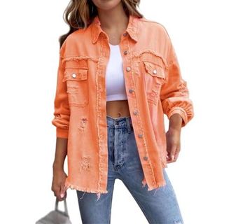Generic Veste en jean surdimensionn&eacute;e &agrave; franges d&eacute;chir&eacute;es pour femme avec poche, Orange, XXL