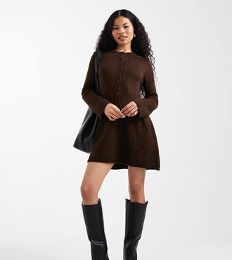 Vero Moda Petite Weiches Mini-Strickkleid in meliertem Schokobraun mit Knopfleiste-Brown