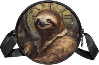 Generic Sac &agrave; bandouli&egrave;re rond pour femme, motif paresseux vintage avec fermeture &eacute;clair, bretelles r&eacute;glables, sac &agrave; main rond d&eacute;contract&eacute; pour femmes et fill