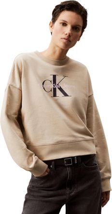 Calvin Klein Damen Sweatshirt Monologo French Terry mit Rundhalsausschnitt, Beige (White Pepper), L