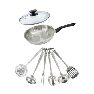 Fackelmann 9445450 Set po&ecirc;le 24 cm en inox 18/8, Couvercle verre et 6 ustensiles inox, Po&ecirc;le de cuisson, Po&ecirc;le tous feux, Po&ecirc;le induction, Po&ecirc;le sans PFAS, Acier