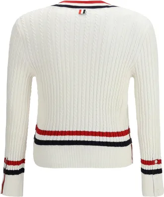 Thom Browne Intarsia Cable-Knit V-Neck Sweater - White