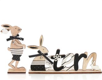 Com-Four 2-teiliges Set Oster-Deko aus Holz - Aufsteller mit Schriftzug und Osterhase - Holz-Deko für Ostern zum Hinstellen (2 Stück - Hellbraun)