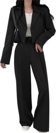 Minetom Tailleur Femme 2 Pièces Elegant Manche Longue Blazer Couleur Unie Veste Courte Formel Affaires Travail Pantalon Costume de Bureau Soiree B Noir XS