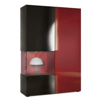 Vladon Vitrine Kommode Hochschrank Morena, Made in Germany, Korpus in Schwarz matt/Rechte T&uuml;r und der Einsatz in Bordeaux Hochglanz