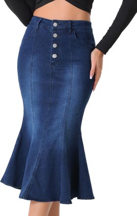 Allegra K Damen Denimrock Fischschwanz Rock Distressed Jeansrock Langer Rock Schwarz Blau S