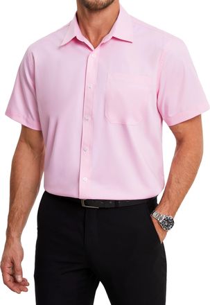 Hisdern Hemd Rosa Herren Kurzarm Regular Fit Button Down Freizeithemd B&uuml;gelfreie Businesshemd Sommerhemd Herrenhemden mit Brusttasche 2XL