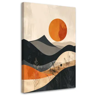 Feeby Quadro Su Tela, Un Paesaggio Minimalista Con Montagne E Un Sole Arancione. - 40x60
