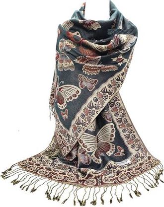 GFM Écharpe style pashmina motif papillon (BFPASH-2), Bf32-bleu sarcelle, L