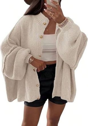 Generic Chandail &eacute;pais boutonn&eacute; &agrave; manches lanternes pour femmes, pull en tricot boutonn&eacute; &agrave; col montant, manteau surdimensionn&eacute;, beige, M