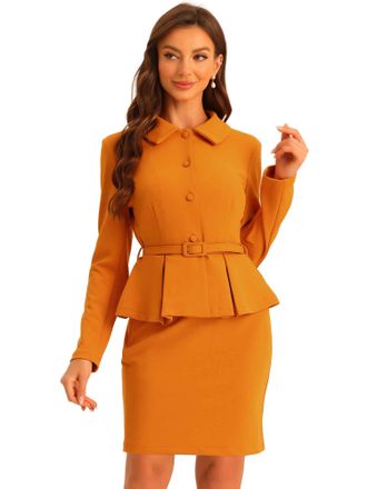 Allegra K Damen 2-Teilige Business Anz&uuml;ge Sch&ouml;&szlig;chen Blazer Jacken und Bleistiftrock Sets Dunkelorange XL