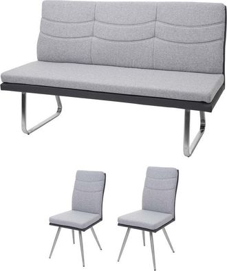 Hhg Set 2x Esszimmerstuhl+Sitzbank HHG-705, Bank Küchenstuhl Stuhl, Stoff/Kunstleder Edelstahl grau Bank 160cm