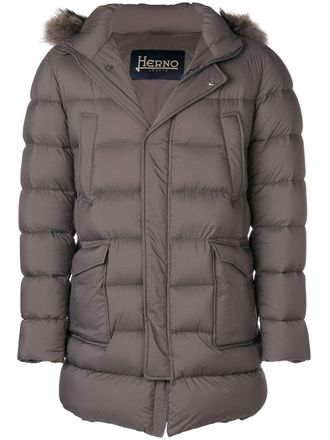 Herno patch pocket fur-trimmed puffer coat - Gris