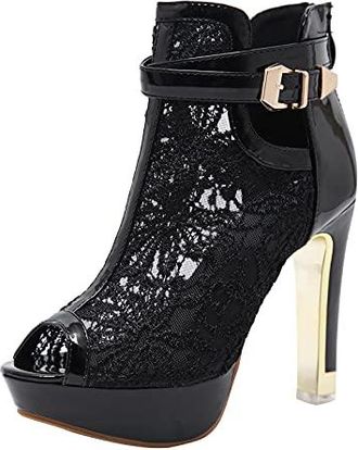 Generic NAFING Sandales À Talons Femme Daim Été Pompes Femmes Chaussures Mode High Heels Noir Mesh Stiletto Talons avec Bouche De Poisson Open Toe Élégant Hau