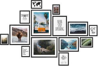 Photolini Bilderrahmen-Set verschiedene Größen schwarz, 14 Bilder Rahmen schwarz Holz MDF mit Acrylglas, Bilderrahmenset zum Aufhängen, Fotorahmen-Set mit Zubeh