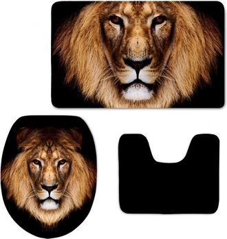 Showudesigns Badematten Set 3tlg - Badvorleger/Badteppich rutschfest/WC-Deckelbezug Toilettendeckel Set 3Tlg Bathroom Rug Mat Weich Duschmatte - L&ouml;we