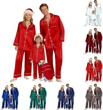 Generic Pyjama de No&euml;l assorti pour la famille avec col &agrave; revers et pantalon &agrave; manches longues en satin de soie, Rouge, 13-14 Years