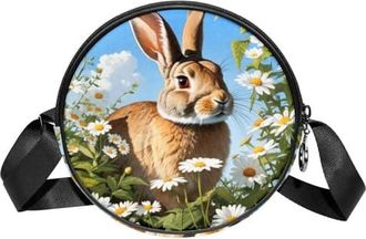 Generic Petit sac &agrave; bandouli&egrave;re circulaire pour femme, motif floral, lapin, sac &agrave; dos &agrave; bandouli&egrave;re avec fermeture &eacute;clair, bretelles r&eacute;glables, sac &agrave; main ron