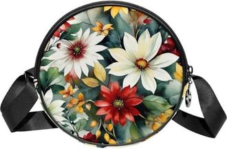 Generic Petit sac &agrave; bandouli&egrave;re circulaire pour femme, motif feuilles florales, sac &agrave; dos avec fermeture &eacute;clair, bretelles r&eacute;glables, sac &agrave; main rond d&eacute;contra