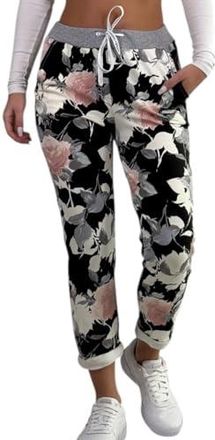 Mississhop Pantalon de jogging en coton pour femme Motif floral, Modèle 2 (noir), taille unique