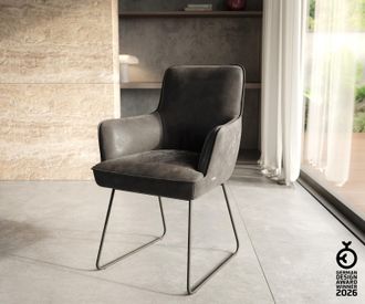 DELIFE Esszimmerstuhl Heira-Flex mit Armlehnen Mikrofaser Anthrazit Vintage Kufengestell Schwarz Taschenfederkern, Esszimmerst&uuml;hle