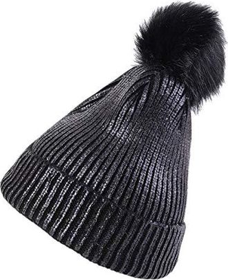 ACVIP Bonnet &agrave; pompon en tricot avec fourrure synth&eacute;tique - Noir - Taille Unique