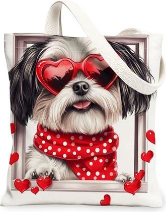 Generic Shih Tzu Sac fourre-tout en toile motif chien pour faire du shopping 33 x 38,1 cm, sac &agrave; bandouli&egrave;re r&eacute;utilisable pour la Saint-Valentin, sac d&eacute;piceri