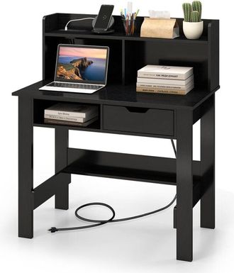 Costway Costway - Bureau dOrdinateur avec Prises de Courant et Ports usb & Type-C, Bureau avec Rangement, &Eacute;tag&egrave;re Ouverte & Tiroir, pour Bureau &agrave; Domicile