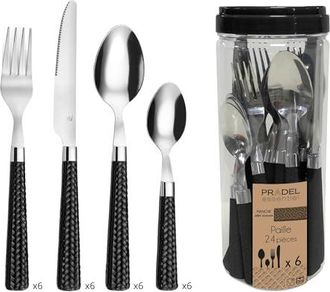 Amefa PAILLE Besteck Set 6 Personen | Essbesteck 24-teilig | schwarze Griffe im Flechtdesign | Besteck Set 18/0 Edelstahl | Besteckset sp&uuml;lmaschinenfest | j