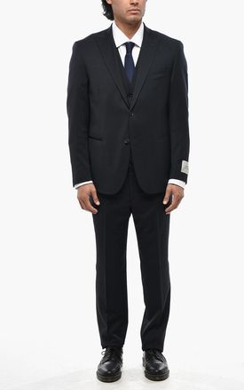 Corneliani CC COLLECTION Dreiteiliger Anzug mit Weste aus Schurwolle, zwei Seitenschlitzen und Spitzrevers Corneliani