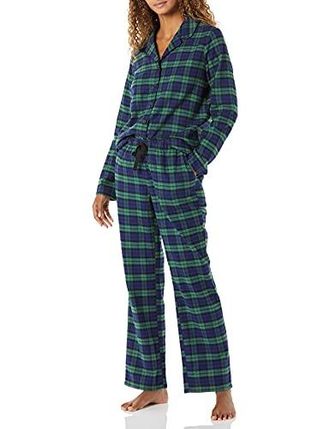 Amazon Essentials Ensemble pyjama en flanelle à manches longues et pantalon boutonné sur le devant pour femme, motif écossais Blackwatch bleu cobalt, vert et bleu, tail