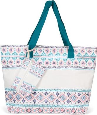 styleBREAKER Sac de plage pour femmes avec motif aztèque dans le style boho, fermeture éclair, sac à bandoulière XXL avec pochette, shopper 02012407, couleur:Pétro