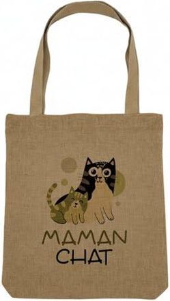 Fabulous Sac Shopping Tote Bag Aspect Lin - Maman Chat et son Chaton Dessin Illustration Bebe - Sac de Courses Toile Epaisse 360g Beige Naturel Cabas Port&eacute; Epa