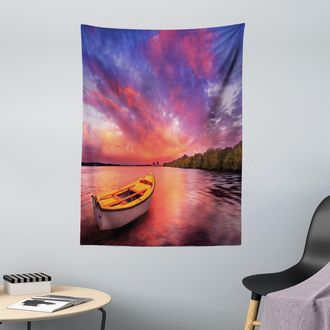 Abakuhaus Sonnenuntergang Wandteppich, Meerk&uuml;ste mit einem Ruderboot aus Weiches Mikrofaser Stoff Waschbar ohne Verblassen Digitaldruck, 110 x 150 cm,Pink und l