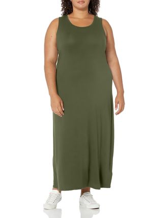 Amazon Essentials Damen Ärmelloses Maxikleid, Dunkles Olivgrün, XS
