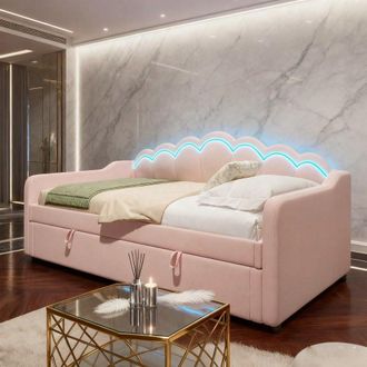 Generic Tagesbett 90x200 cm in Rosa | Schlafsofa & hydraulisches Einzelbett | Farbwechselbarer LED-Streifen & Samtbezug | Mit Stauraum ohne Matratze (Pink)