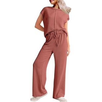 Generic Ensemble de v&ecirc;tements de d&eacute;tente pour femme - Pantalon d&eacute;t&eacute; fin en coton et lin respirant et confortable &agrave; manches courtes - Ensemble de gym pour femm