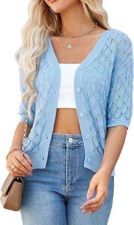 Grace Karin Cardigan Vintage &agrave; Manches Courtes pour Femmes Cardigan Creux CL2656 Bleu Ciel S