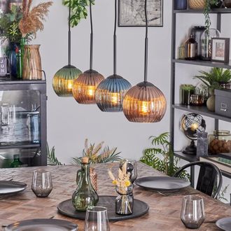 HOFSTEIN H&auml;ngeleuchte Koyoto, 4-flammige H&auml;ngelampe aus Metall/Riffelglas in Schwarz/Gr&uuml;n/Blau/Kupfer, Pendelleuchte im Retro/Vintage-Design (Schirme &Oslash; 15 cm),