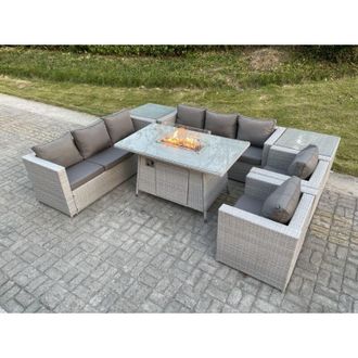 Fimous Polyrattan Gartenm&ouml;bel Set im Freien Gas Feuertisch Sofa Sets mit 2 Sessel 2 Beistelltisch Gas Feuerstelle Helles Grau - Fimous