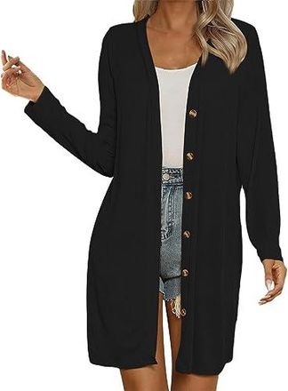 Generic 2026 Veste tricotée à manches longues pour femme Longueur mi-longue Bouton Solide Cardigan en soie glacée, Noir, XXL