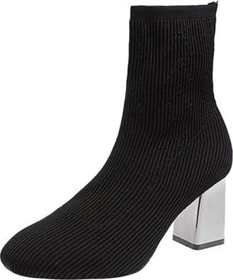 Generic Bottines en tricot pour femme - Bottes &agrave; talon carr&eacute; en tissu extensible avec bout carr&eacute; &eacute;l&eacute;gant et fermeture &eacute;clair lat&eacute;rale, chaussures &agrave; talons hau