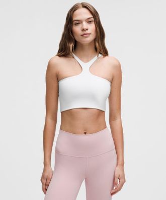 lululemon Bend This BH mit V-Ausschnitt und Racerback Leichter Halt A-C-Cups f&uuml;r Frauen - Gr&ouml;&szlig;e L/XL in White
