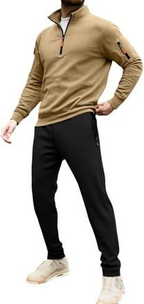 Generic Survêtement athlétique 2 pièces pour homme avec manches longues et col rond et pantalon de jogging en coton mélangé avec poches, D-black, XXL