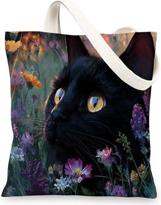 Generic Sacs fourre-tout en toile artistique, motif chat, réutilisables, légers et lavables avec bandoulière, noir, 13x15 Inch