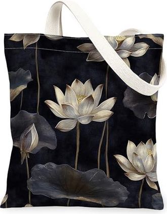 Generic Sac fourre-tout en toile motif lotus printanier 33 x 38,1 cm, sac d&eacute;picerie r&eacute;utilisable en tissu &agrave; bandouli&egrave;re pour femme, peinture florale, d&eacute;corati
