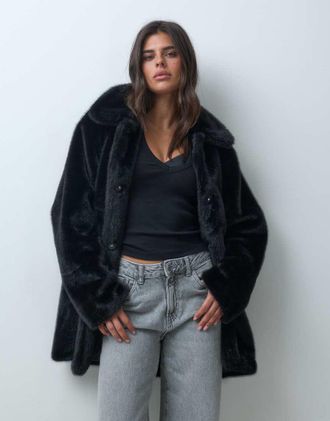Asos manteau car coat mi-long &agrave; col en faux-fur noir