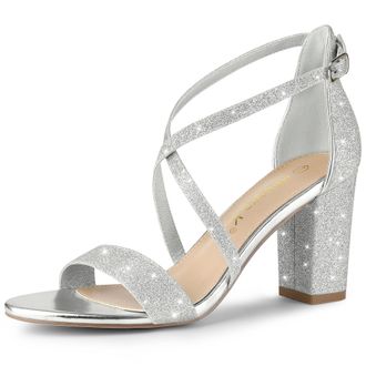 Allegra K Damen Glitzer Crisscross Strap Block Heels Sandalen, silber, 39 EU