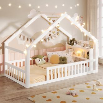 Myboo Kinderbett Bodenbett 90x190, Montessori Bett Hausbett mit Lattenrost&Rausfallschutz&Regale, Gitterbett Holzbett Jugendbett Einzelbett Bettgestell f&uuml;r 